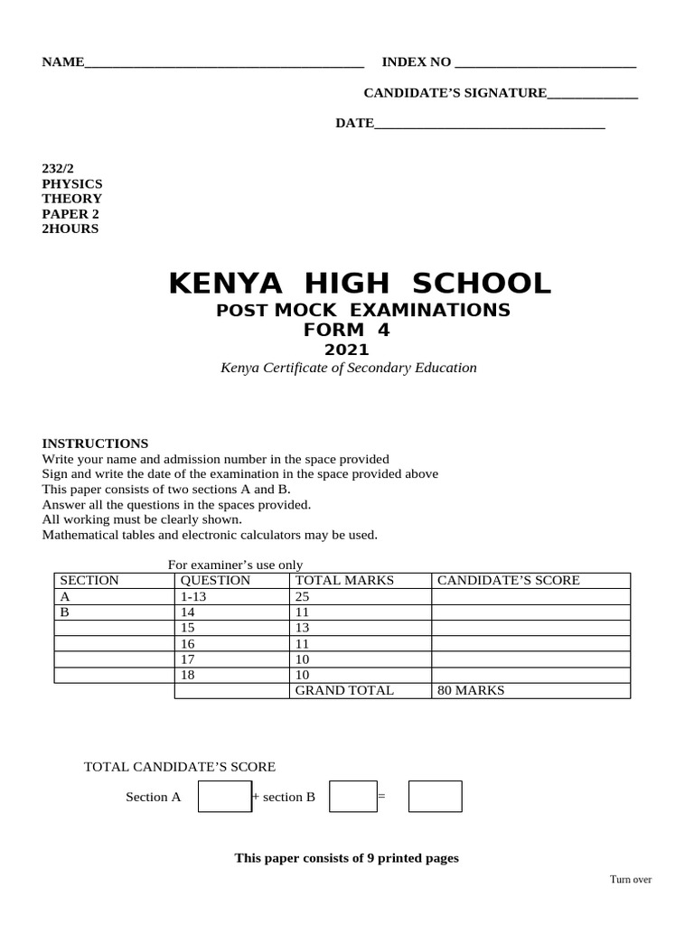 2021 PHY P2 - Kenya High Mock Teacher - Co - .Ke | PDF | Capacitance | Electrical Resistance And ...