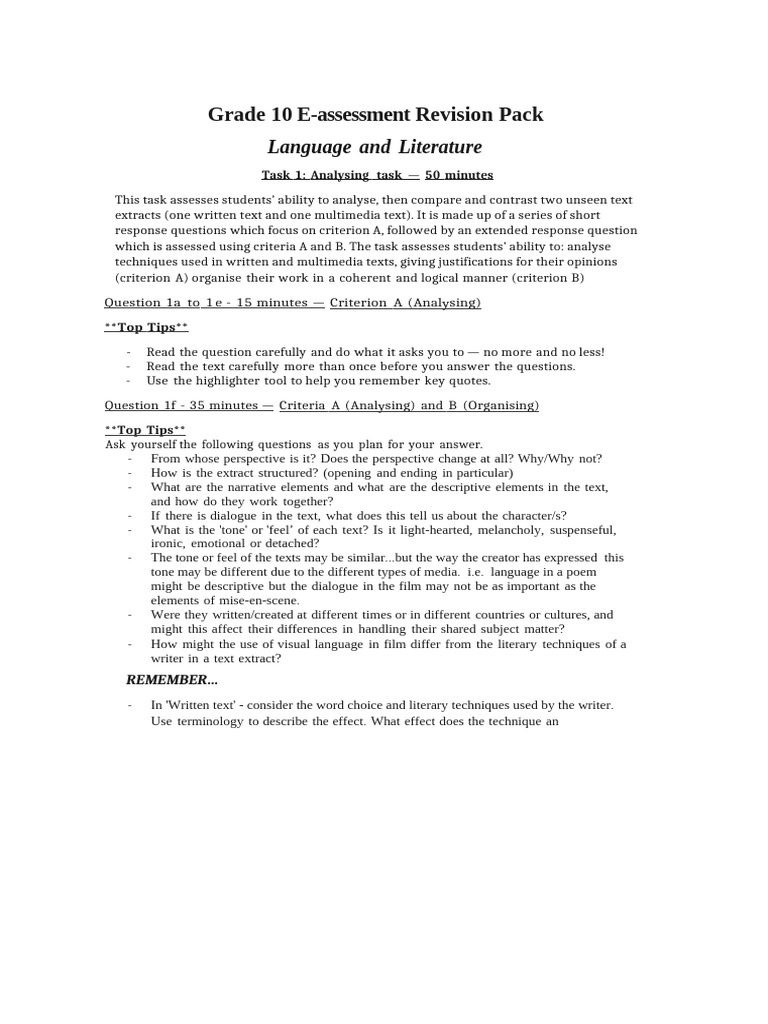 Grade 10 MYP Eassessment English Revision Pack 2024 With M22 Exam 1 ...