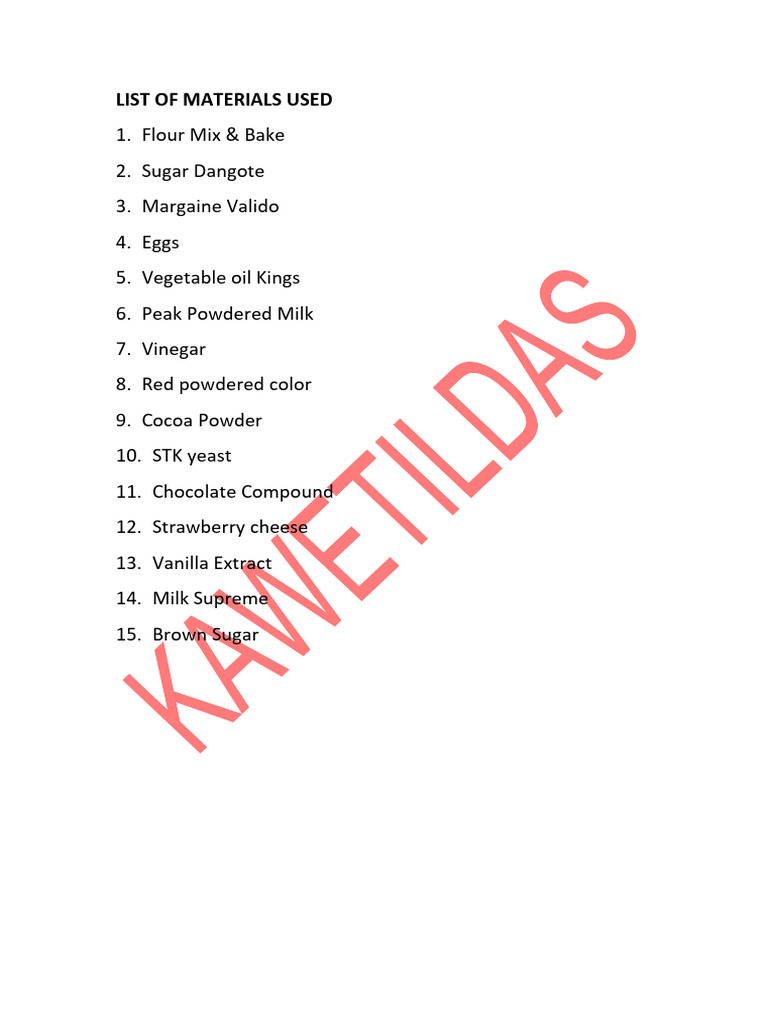 List of Materials Used & Equipments Needed | PDF