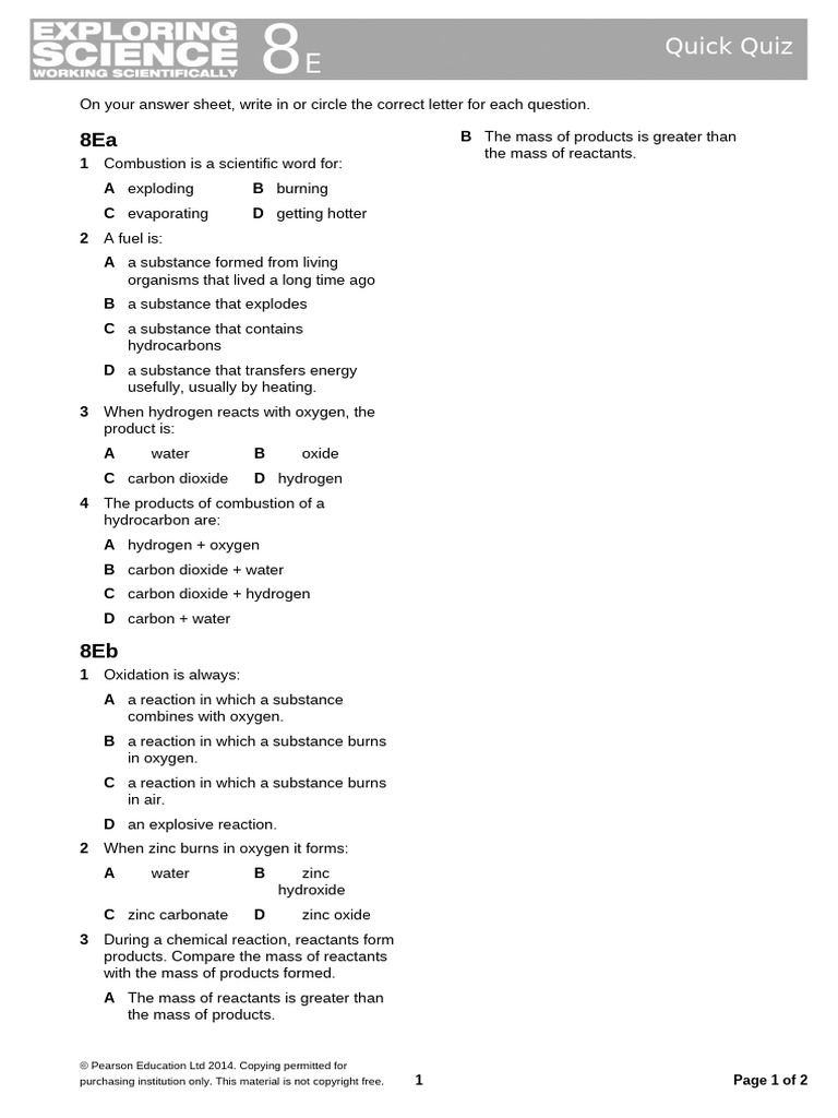 8e Quick Quiz | PDF | Combustion | Atmosphere Of Earth
