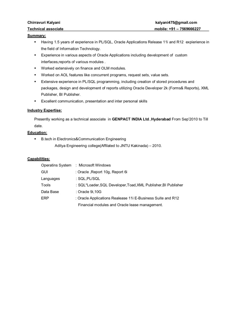 Kalyani Resume | PDF | Oracle Corporation | Pl/Sql