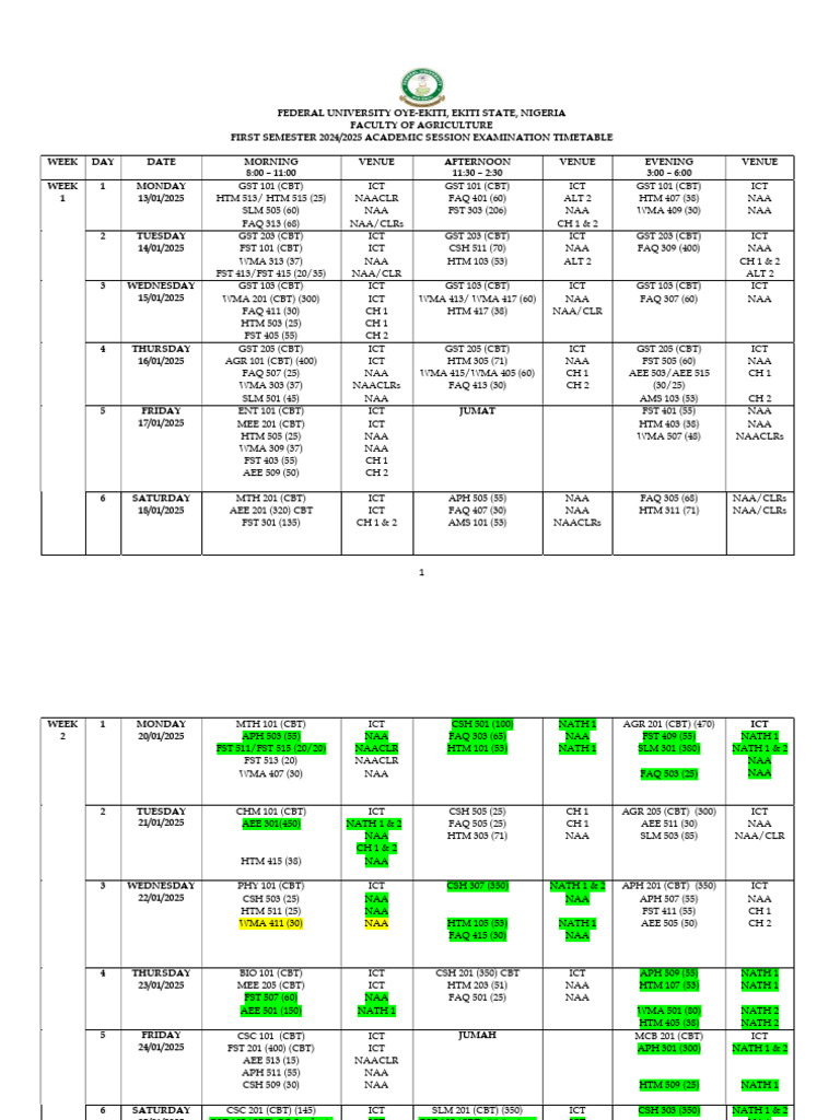 New Venue Updated - FAAG 1st Sem. 2024 - 2025 Exam Timetable | PDF