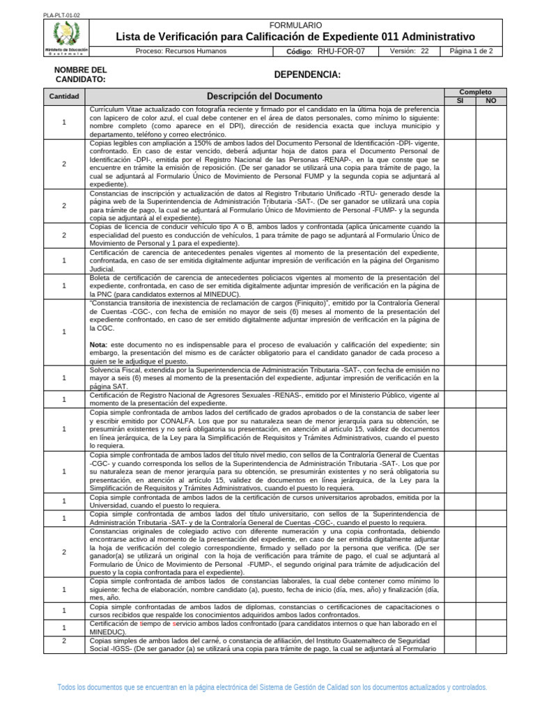 RHU-FOR-07 - LISTA - CALIFICACION - EXPEDIENTE - 011 - ADMINISTRATIVO ...