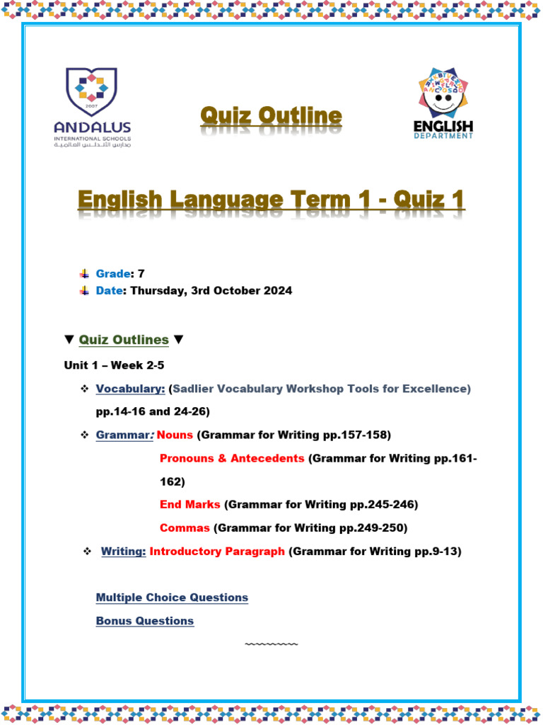 Grade 7 English Language Term 1 Quiz 1 Study Outline | PDF