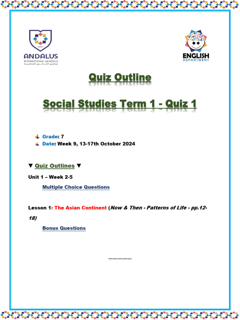 Grade 7 Social Studies Term 1 Quiz 1 Study Outline | PDF