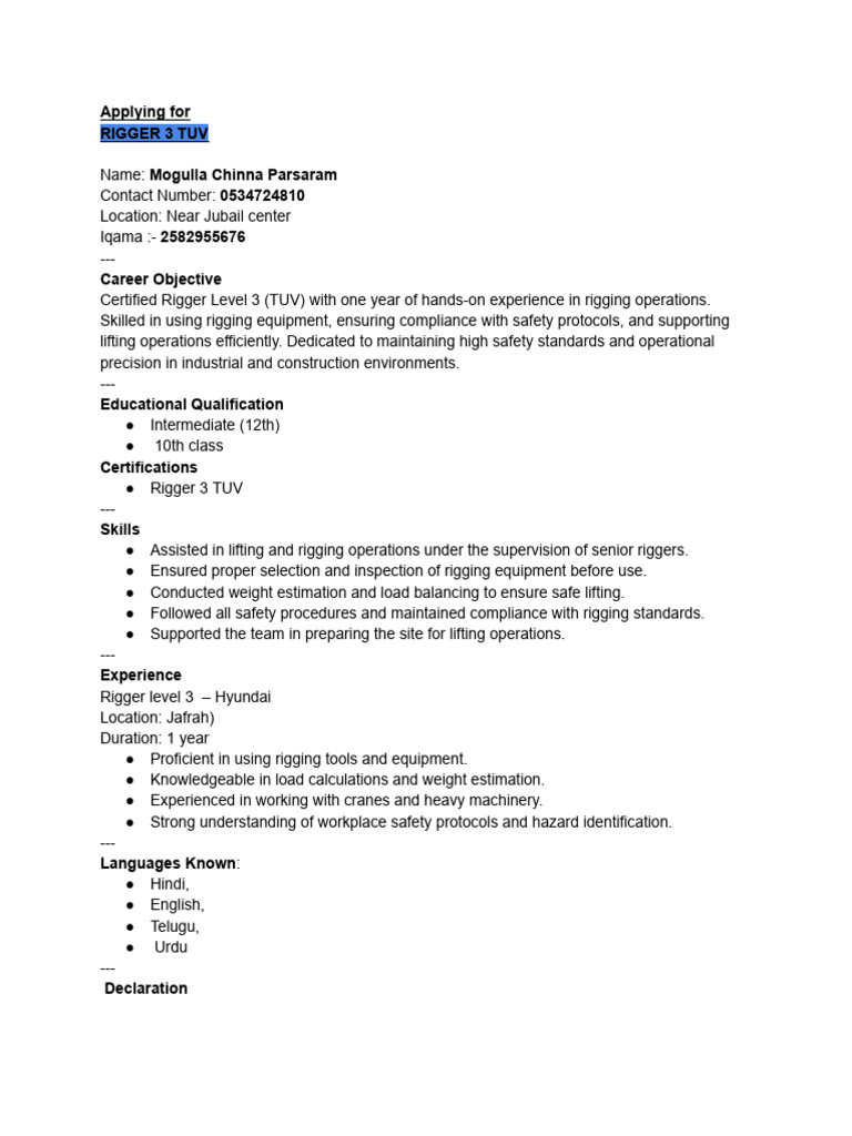 Certified Rigger Level 3 CV | PDF