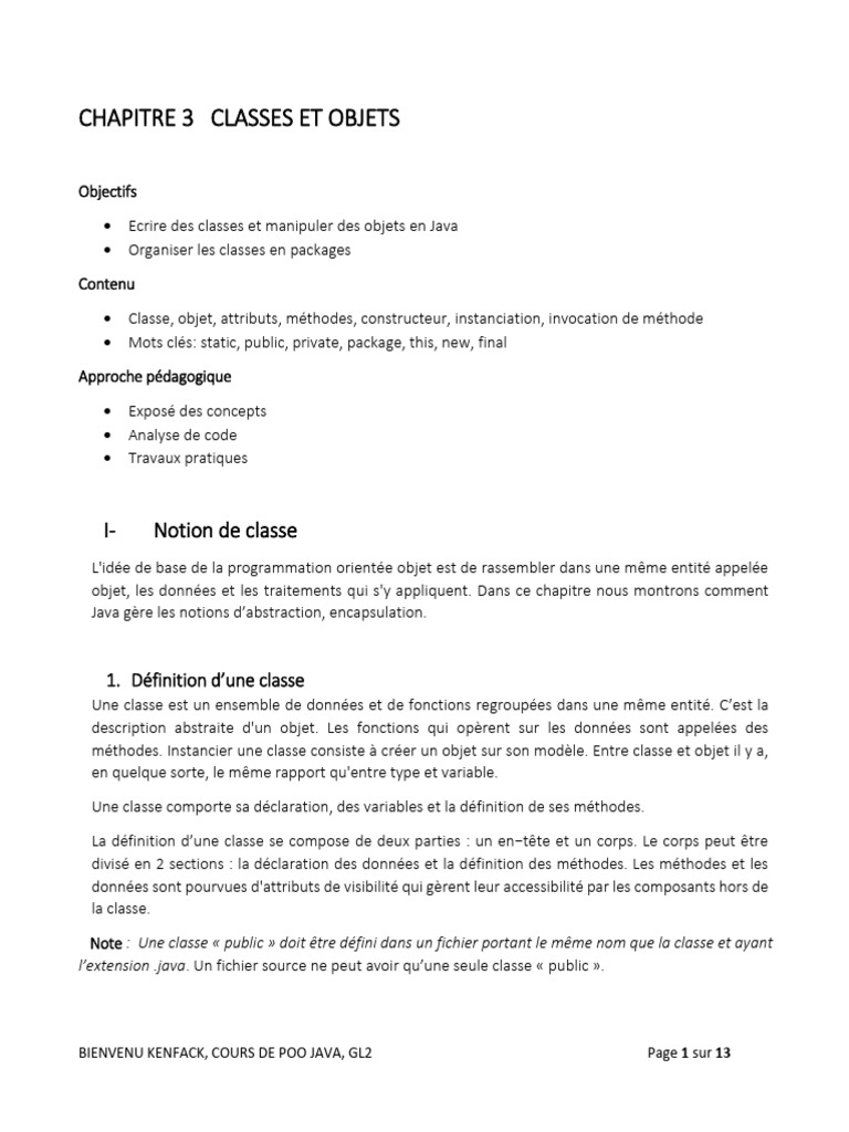 Classes et Objets en POO Java | PDF | Classe (informatique) | Java ...