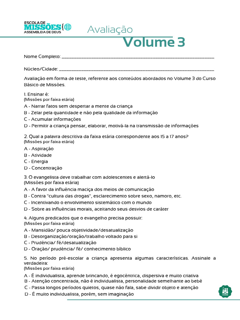 Avaliação do Curso de Missões Volume 3 | PDF | Jesus | Batismo
