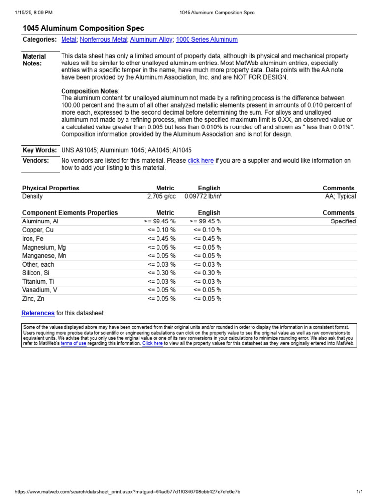 1045 Aluminum Composition Spec | PDF | Aluminium | Metals