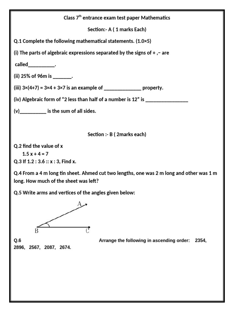 Class 7th Mathematics Entrance Exam Test Paper Mathematics | PDF