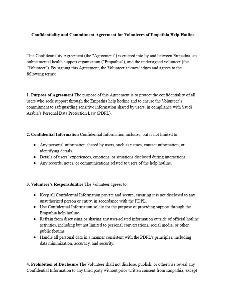 Confidentiality and Commitment Agreement for Volunteers of Empathia ...