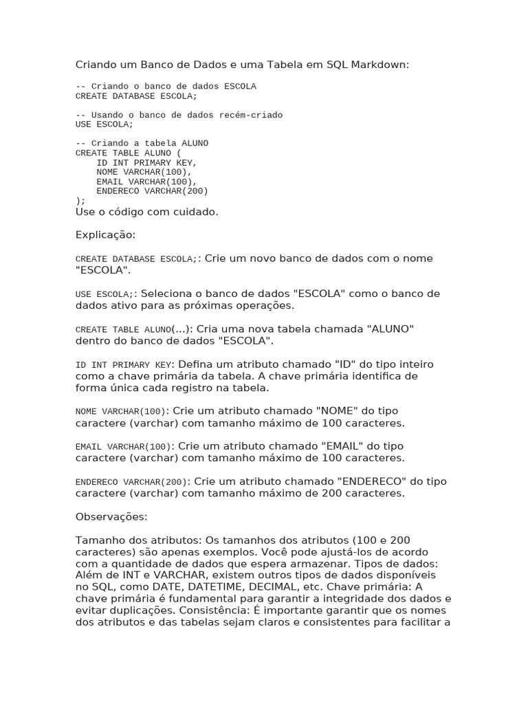 Criando Um Banco de Dados e Uma Tabela em SQL Markdown | PDF | Tabela ...