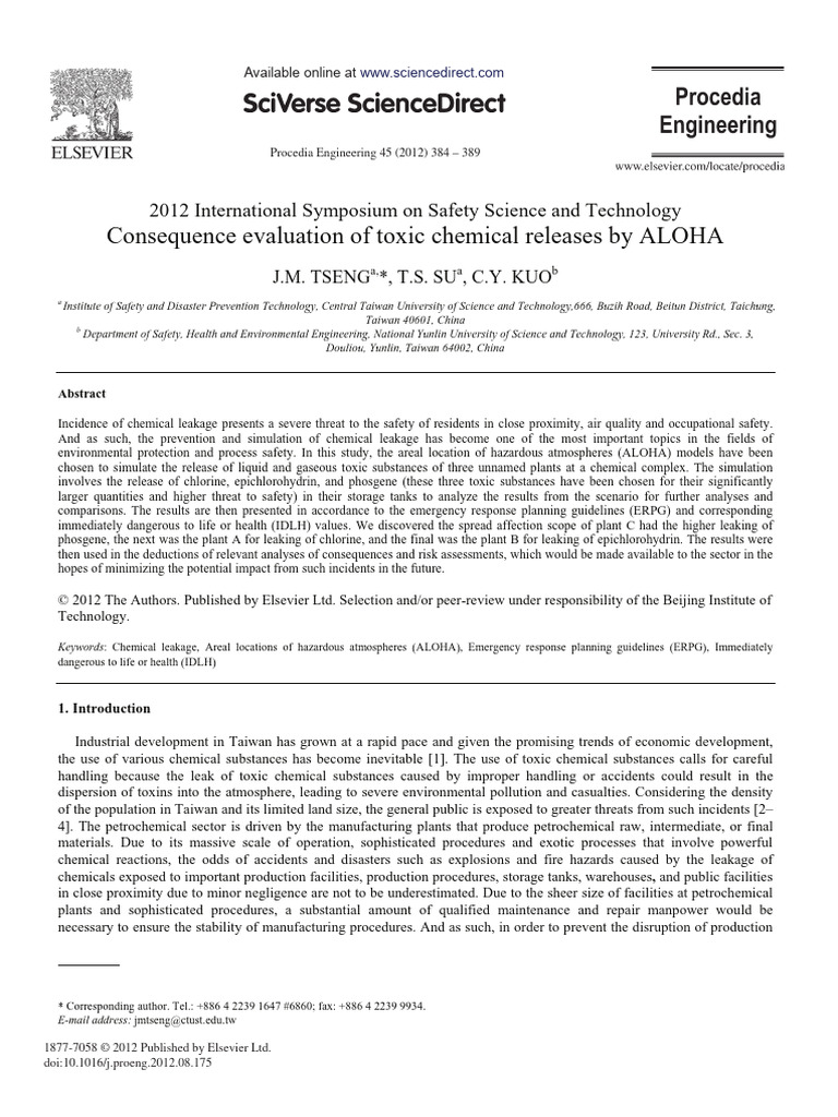 Consequence Evaluation of Toxic Chemical Releases by ALOHA: 2012 ...