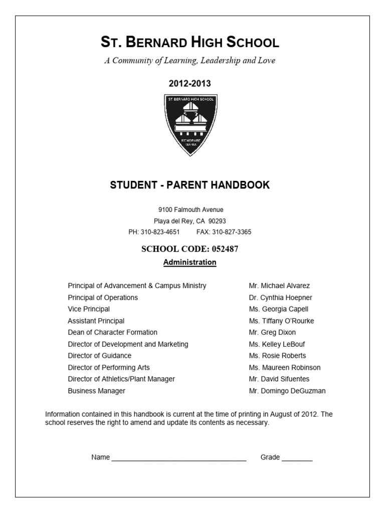 SBHS Student-Parent Handbook | PDF | Integrity