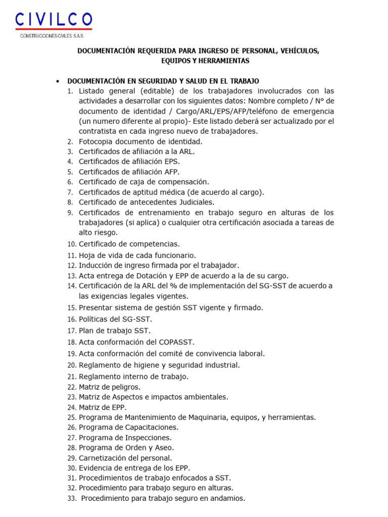 Requisitos para Ingreso Contratistas | PDF | Documento de identidad