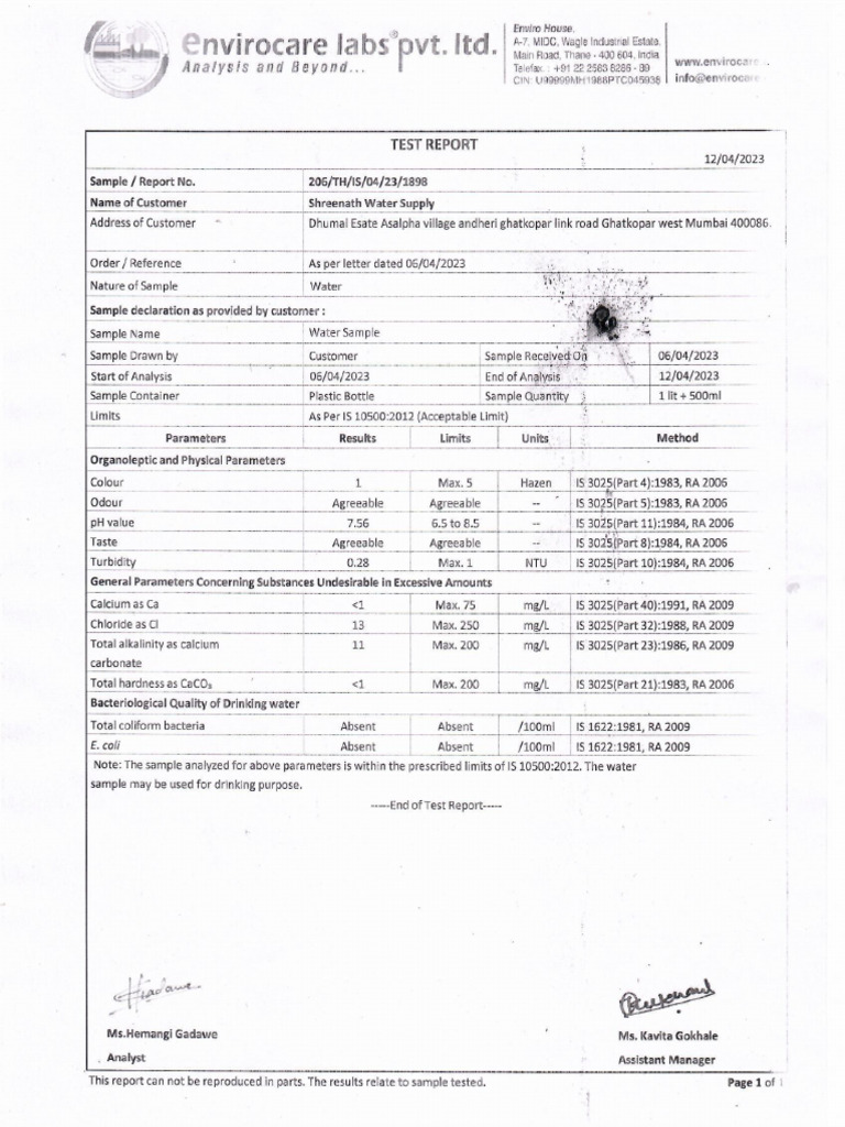 Water Test Report | PDF