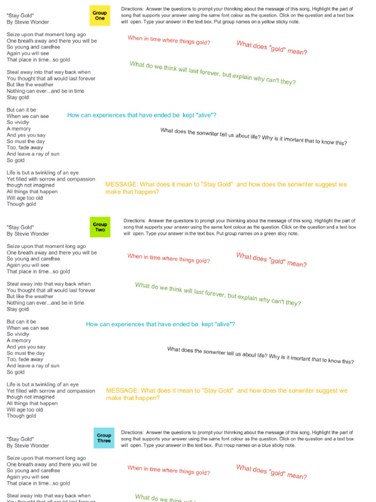 ELA 9 Analyzing A Song Lyrics, Stay Gold by Stevie Wonder | PDF