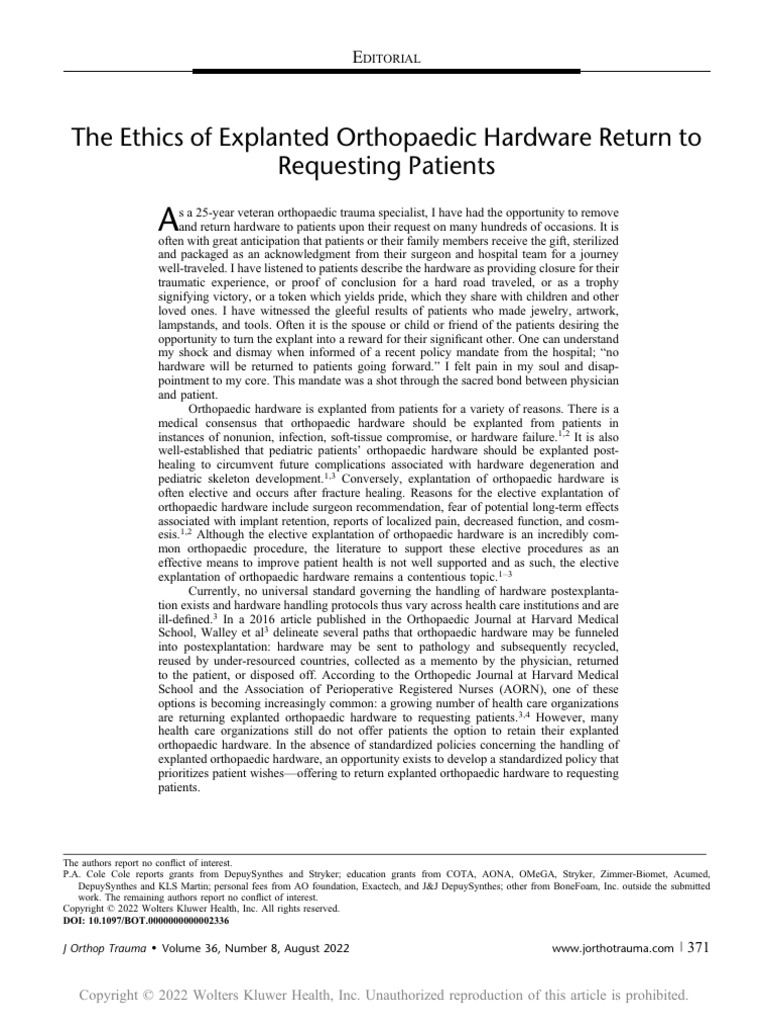 Ethics of Returning Orthopaedic Hardware | PDF | Autonomy | Medical Ethics