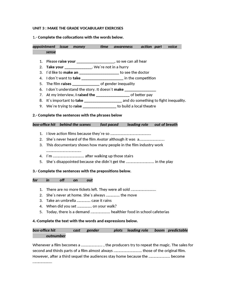 Unit 3 Vocabulary Exercises Make The Grade 2 | PDF