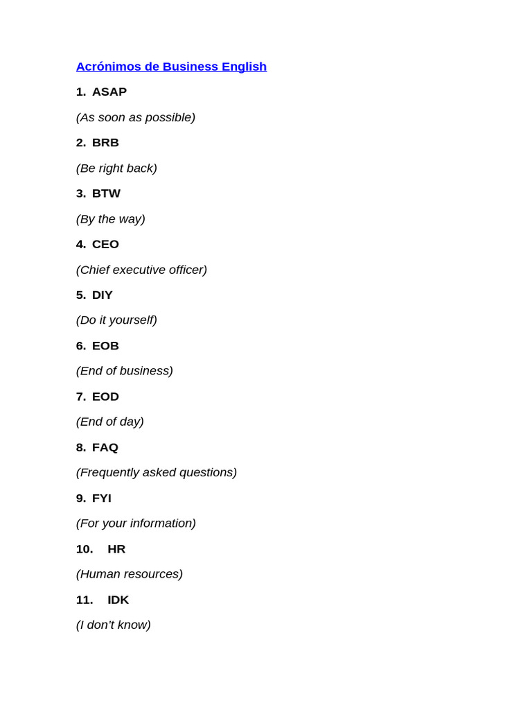 Business English Acronyms List | PDF