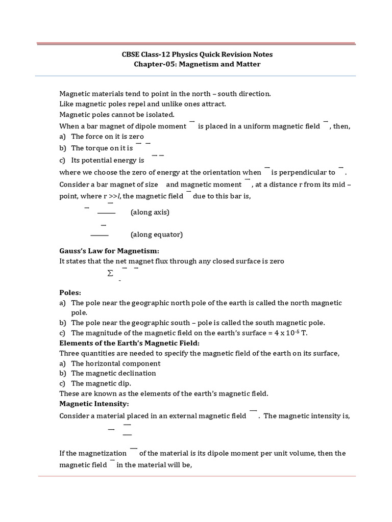 CBSE Class 12 Physics: Magnetism Notes | PDF | Magnetic Field | Magnetism