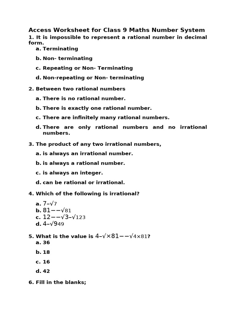 Class 9 Maths Number System Worksheet | PDF | Numbers | Rational Number