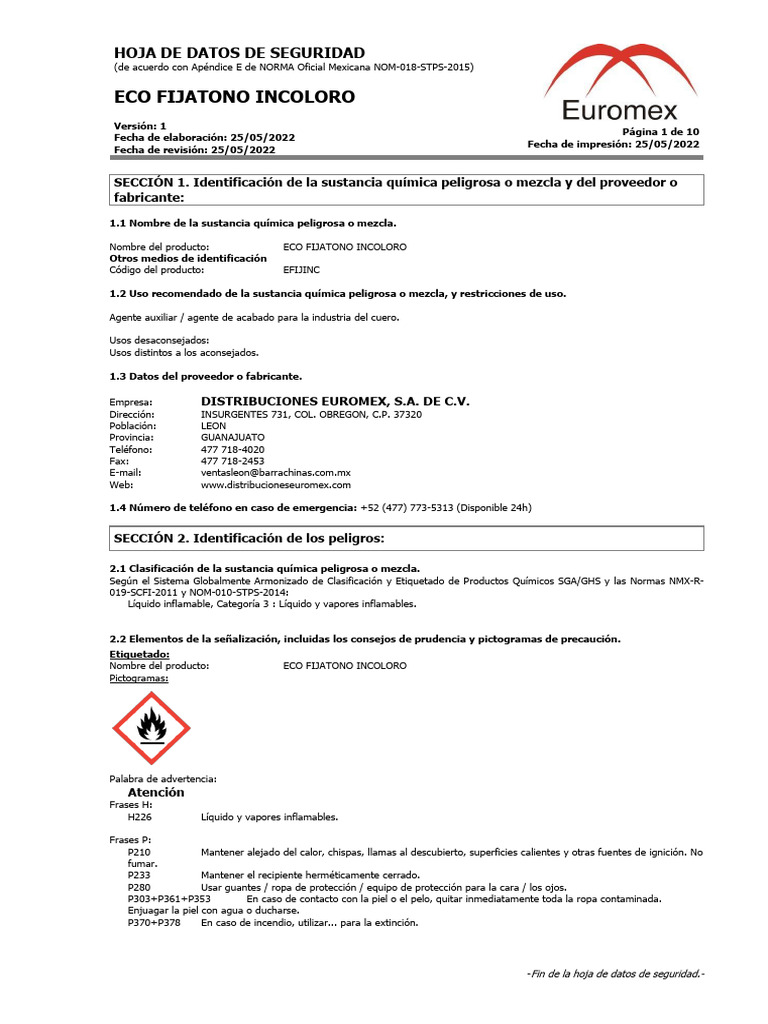 ECO FIJATONO INCOLORO (Español-MX) Rev.1 | PDF | Agua | Incendios