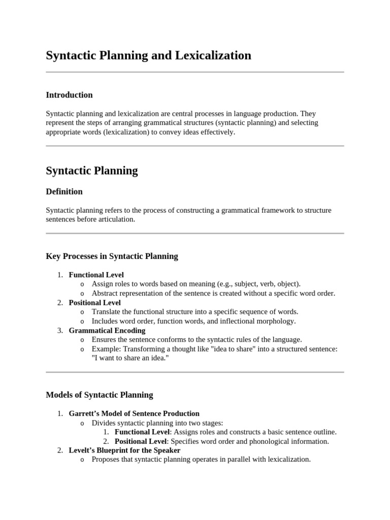 Syntactic Planning and Lexicalization-1 | PDF | Word | Aphasia