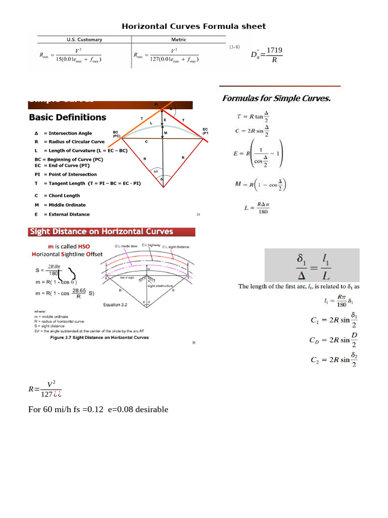 Horizontal Curves Formula Sheet | PDF