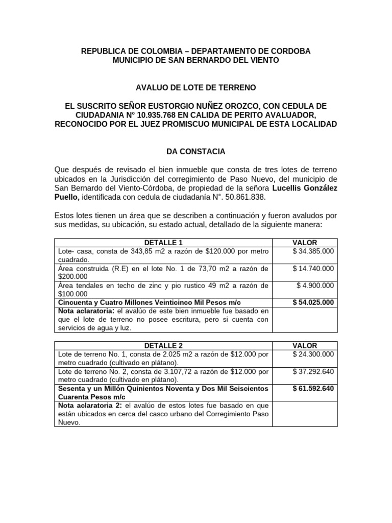 Avaluo Lote de Terreno | PDF