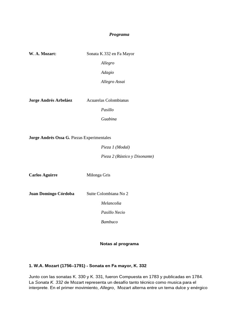 Programa Recital Jerico | PDF | Sonata | Wolfgang Amadeus Mozart
