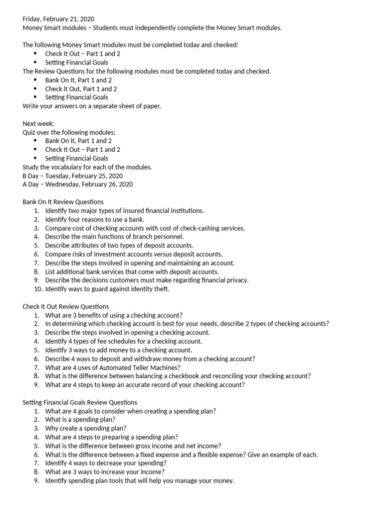 Money Smart Modules 1 - 2 - 3 Review Questions | PDF | Transaction ...