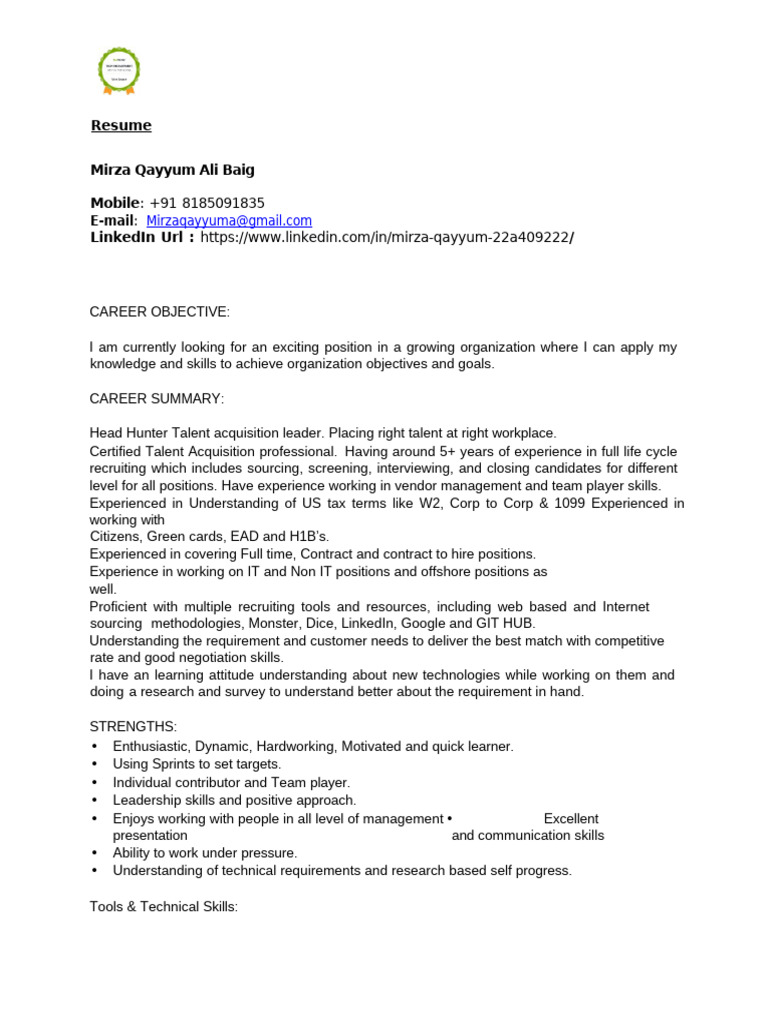 Mirza_CV Recruitment 01-1-3 | PDF | Recruitment | Linked In