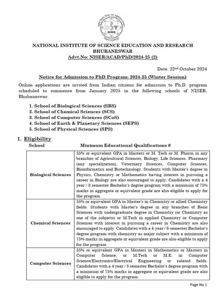 NISER PhD Admissions Winter 2024 | PDF | Academic Degree | Inorganic ...