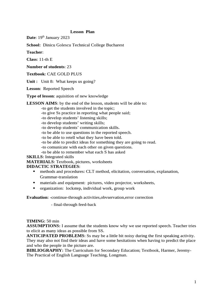 Reported Speech Lesson Plan for 11th Grade | PDF | Linguistics | Grammar