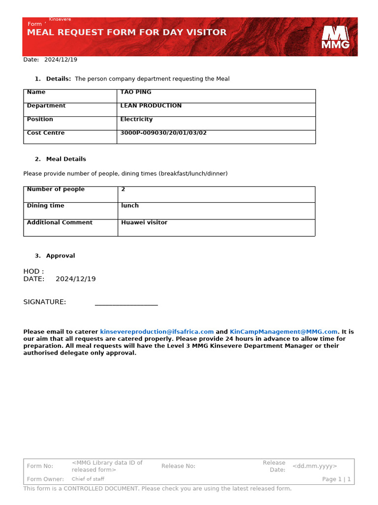 Meal Request Form For Day Visitor 20240912 | PDF