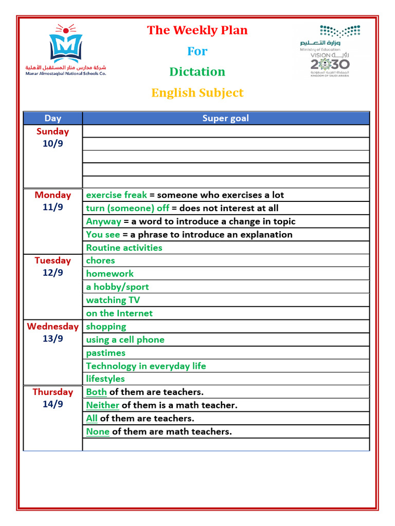 The Weekly Plan For Dictation Super Goal | PDF