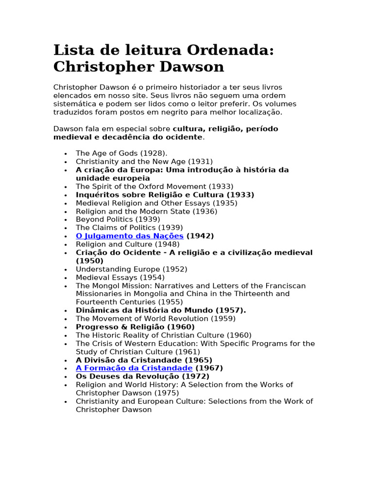 Livros de Christopher Dawson: Leitura Essencial | PDF