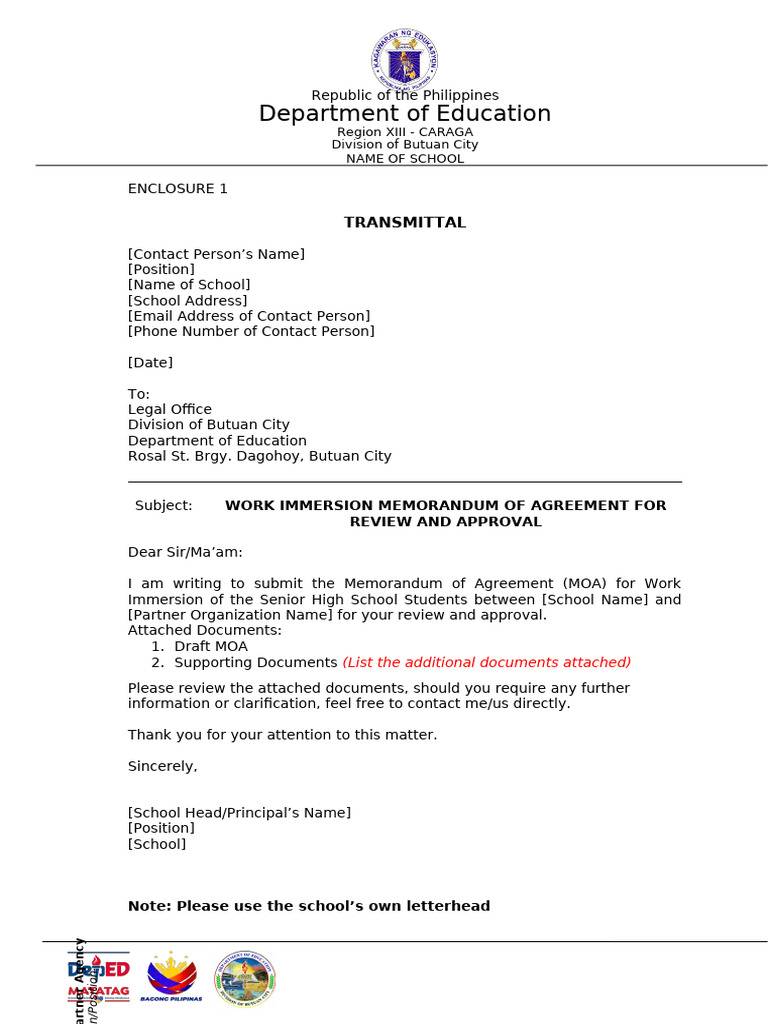 Moa For Work Immersion Template | PDF | Employment | Legal Liability