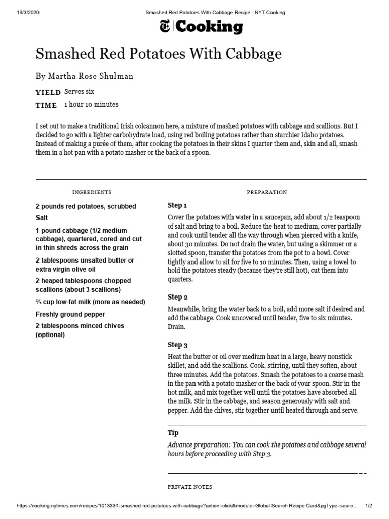 Smashed Red Potatoes With Cabbage Recipe - NYT Cooking | PDF | Potato ...