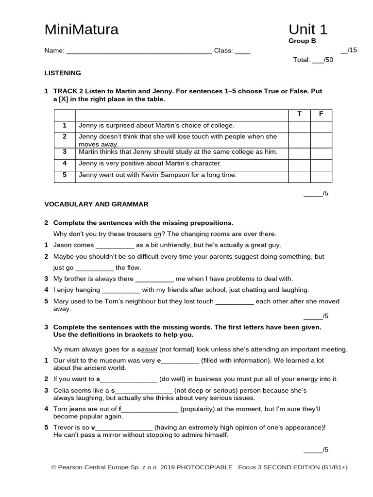 Focus3 2E MiniMatura Unit1 GroupB 1kol | PDF