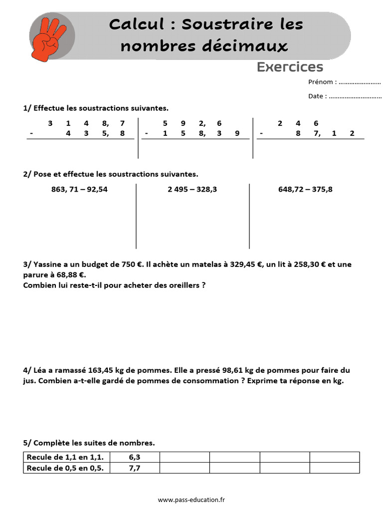 Exercices de soustraction décimale CM2 | PDF