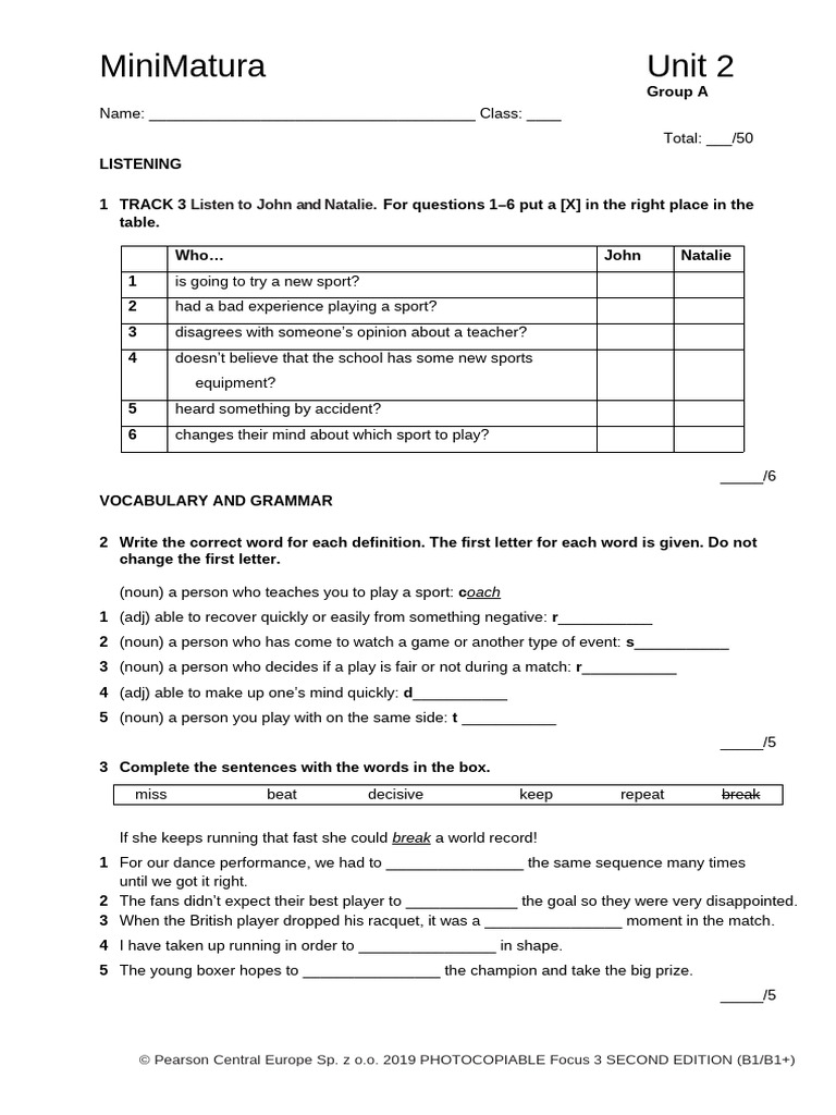 Focus3 2E MiniMatura Unit2 GroupA 1kol | PDF