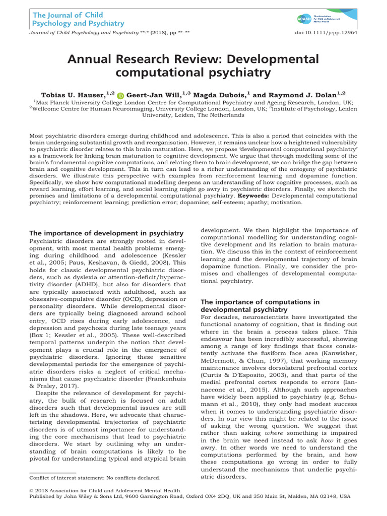 Annual Research Review Developmental computational psychiatry | PDF ...