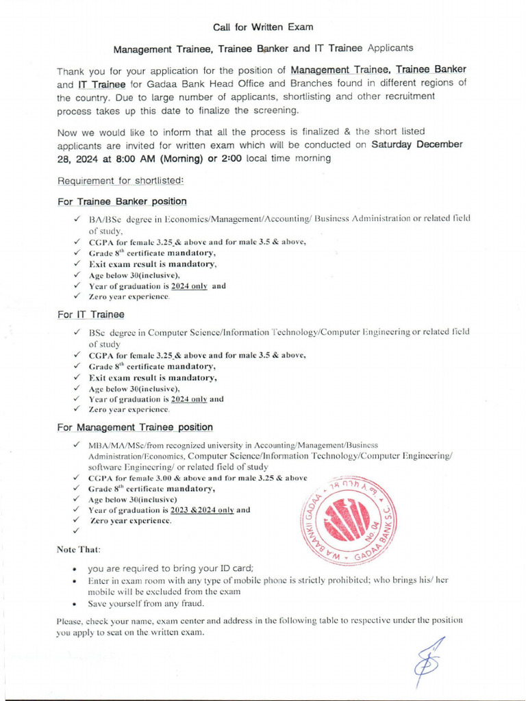 Call For Written Exam For Trainee Banker, IT Trainee, and Management | PDF