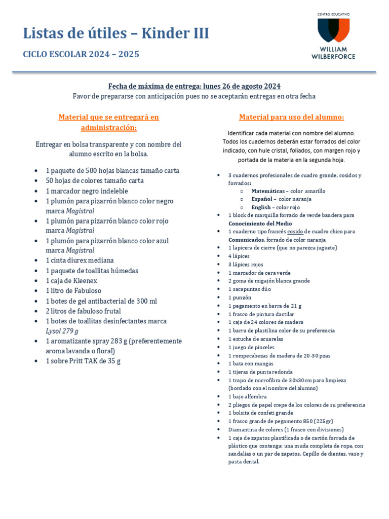 Útiles escolares Kinder III 2024-2025 | PDF