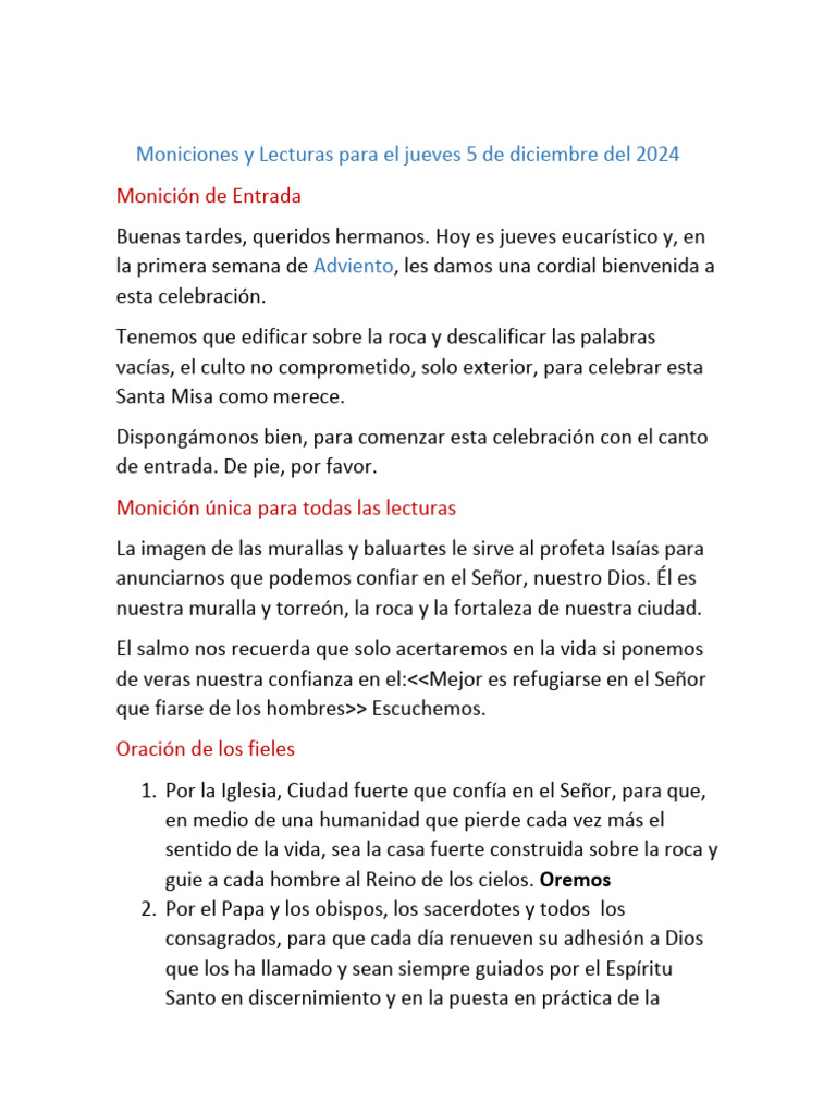 Moniciones y Lecturas para El Jueves 5 de Diciembre Del 2024 | PDF | eucaristía