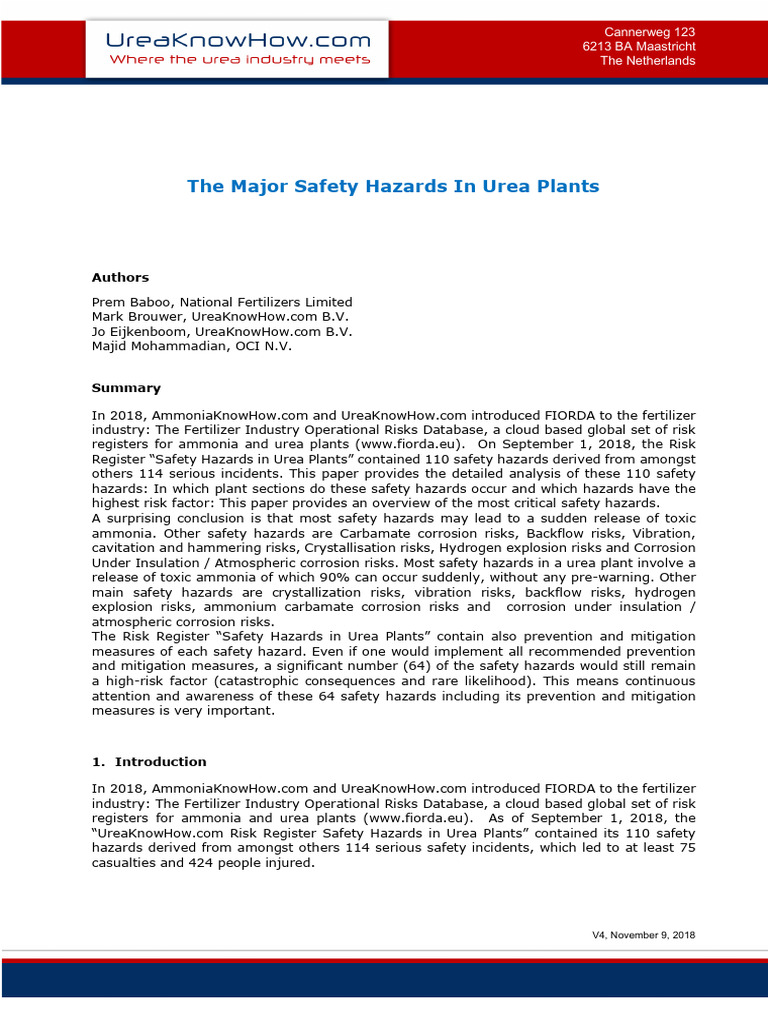 Major Safety Hazards in Urea Plants | PDF | Urea | Risk