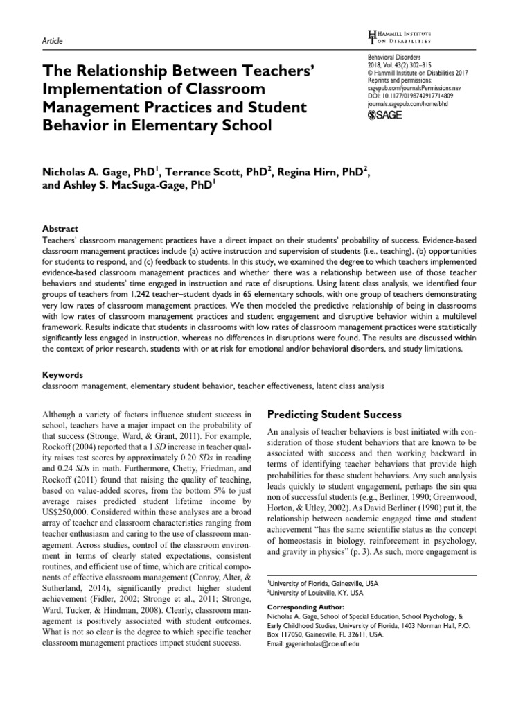 The Relationship Between Teachers' Implementation of Classroom ...