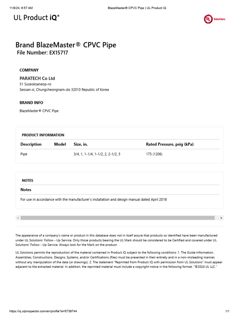 BlazeMaster® Paratech CPVC Pipe Sprinklers - UL Product Iq | PDF